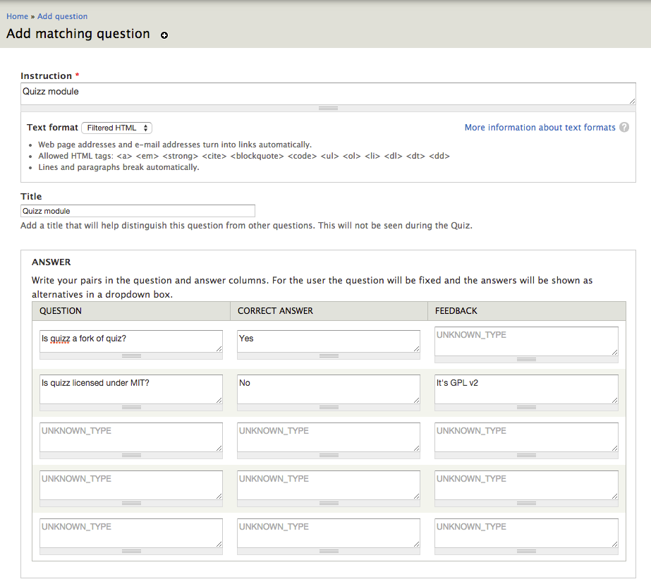 Quizz Matching Question
