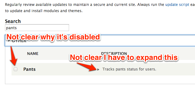 Unmet module requirements are too hard to find on admin/modules [#2118081] | Drupal.org