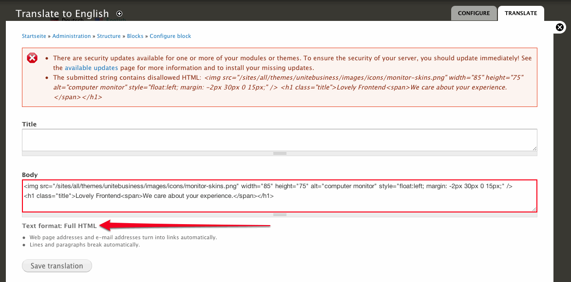 Translate block with full html input type ERROR (The submitted string contains disallowed HTML ...