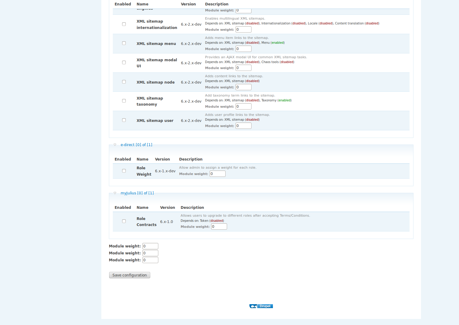 Weight fields are display 3x at bottom of page of list modules [#1645682] | Drupal.org