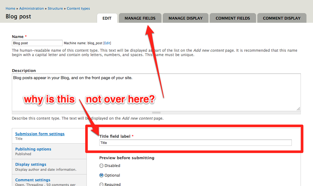 Move "Title field label" setting to "Manage Fields" tab [#1513054] | Drupal.org