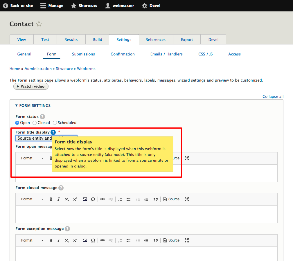 Form title is configurable and now defaults to the source entity and the webform title. | Drupal.org