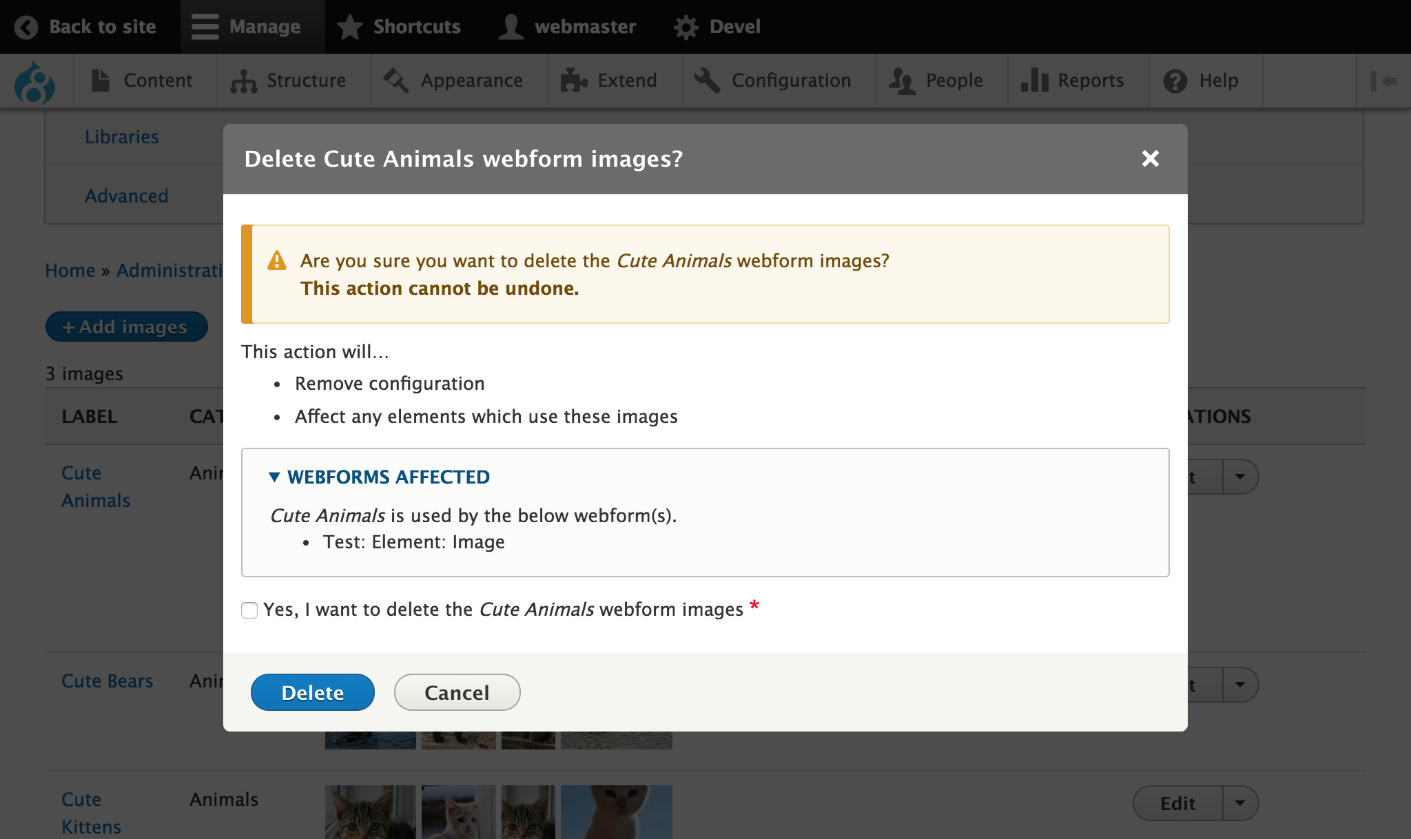 Delete confirmation UX has been improved | Drupal.org