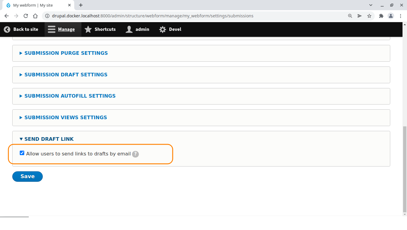 Webform send draft link | Drupal.org
