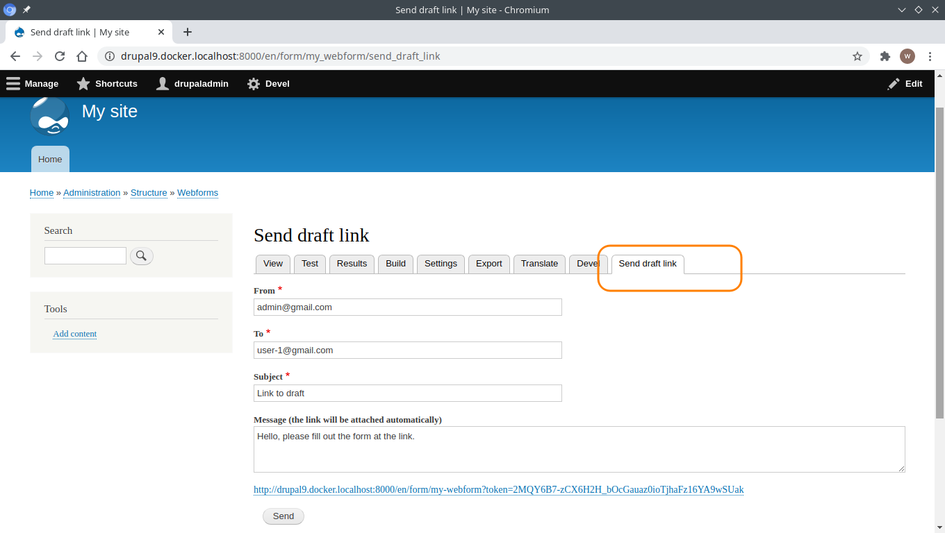 Webform send draft link | Drupal.org