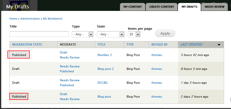 "My Drafts" tab should not list published content [#1630682] | Drupal.org